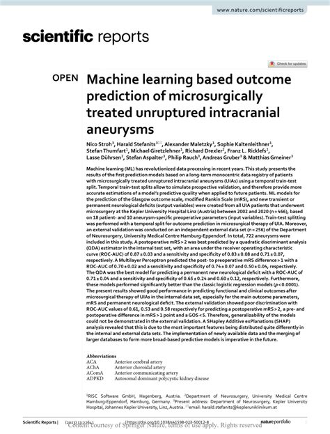 Pdf Machine Learning Based Outcome Prediction Of Microsurgically Treated Unruptured