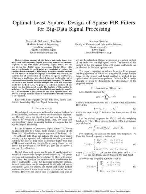 Optimal Least Squares Design Of Sparse Fir Filters For Big Data Signal