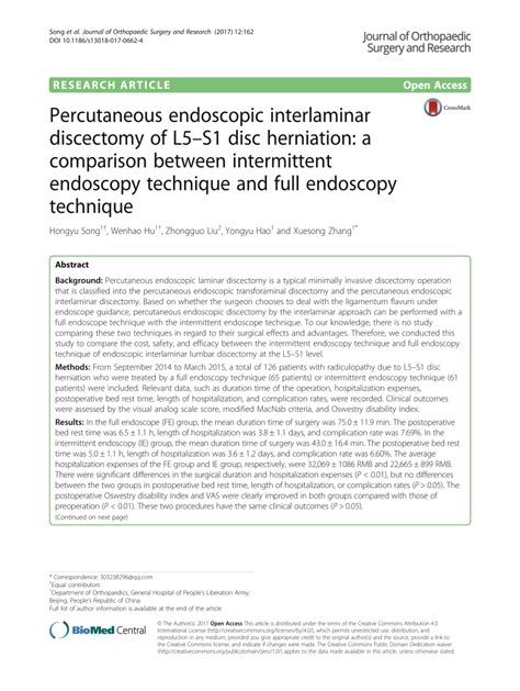 Pdf Percutaneous Endoscopic Interlaminar Discectomy Of L5 S1 Disc Herniation A Comparison