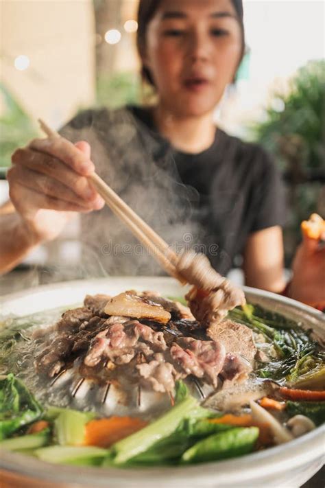Happy Woman Enjoy Her Delicious Thai Bbq Buffet Stock Photo Image Of Pork Asian