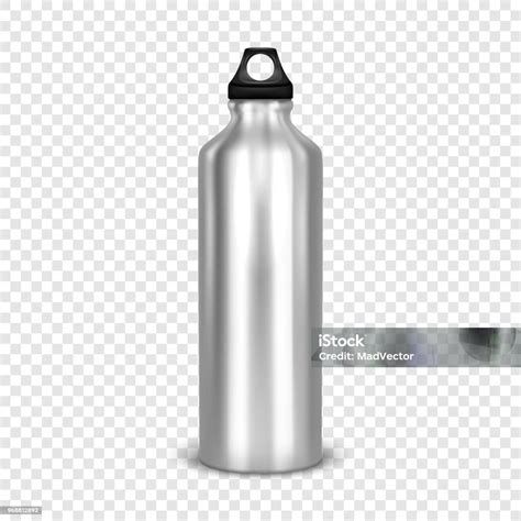 벡터 현실적인 3d 빈 광택 금속 물 병 검은 마 개 근접 촬영 투명도 격자 배경에 고립 된 포장 이랑 그래픽의 디자인