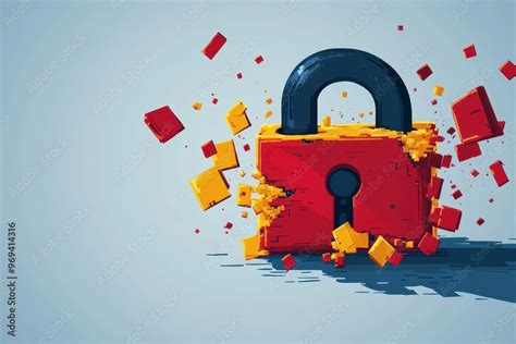 Simplified Stylized Symbols Of A Digital Lock Disintegrating Into Floating Pixels Symbolizing A