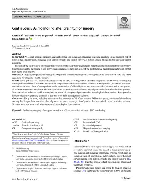 Pdf Continuous Eeg Monitoring After Brain Tumor Surgery