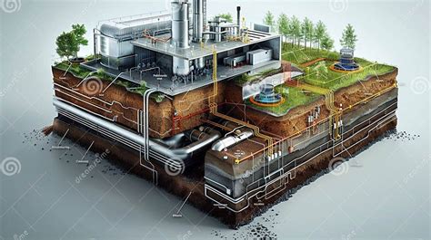 Detailed Cutaway Illustration Of An Industrial Facility With Underground Layers Showing Oil