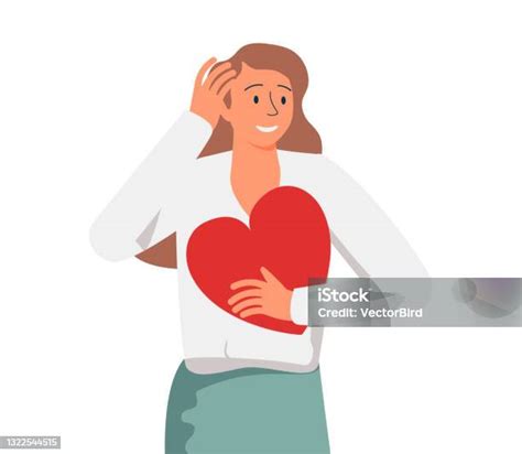 자신을 껴안고 행복한 여자 자기 사랑과 보살핌을 표현하는 긍정적 인 여성 자신을 사랑하기위한 벡터 일러스트 몸 긍정적 자신감