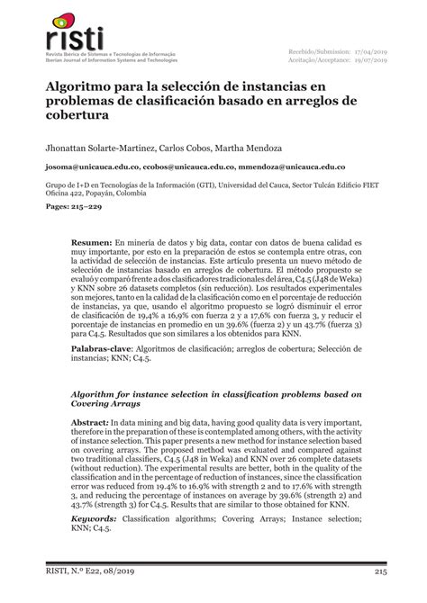 Pdf Algorithm For Instance Selection In Classification Problems Based