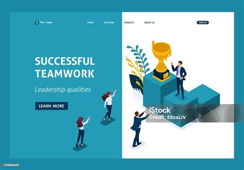아이소메트릭 리더십 자질입니다 직원 성공 팀웍에 즐 거 워 웹사이트 템플릿 방문 페이지 등측투영법에 대한 스톡 벡터 아트 및