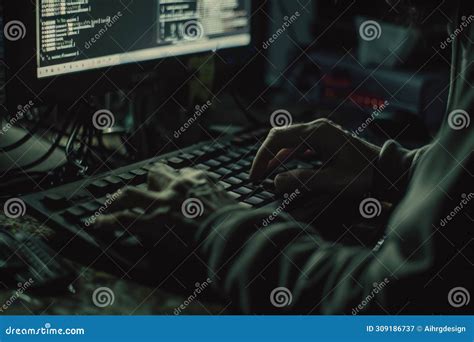 Hacker Typing On A Keyboard In Dark Room Stock Illustration