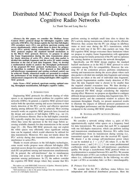 Pdf Distributed Mac Protocol Design For Fullduplex Cognitive Radio Networks