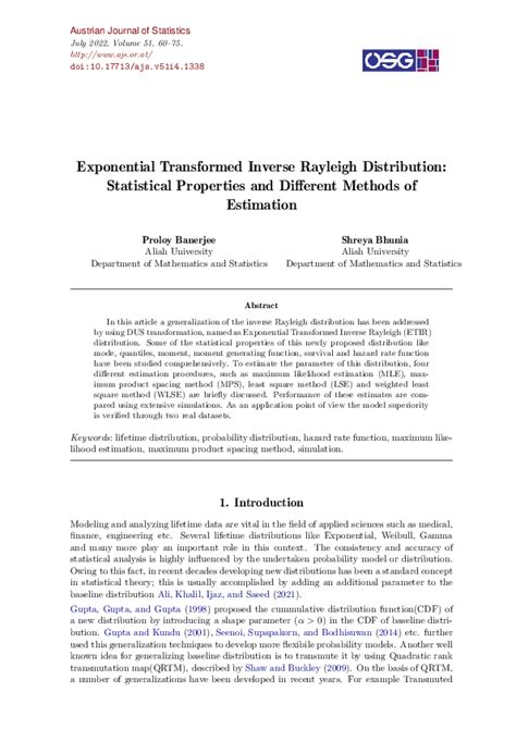 Pdf Exponential Transformed Inverse Rayleigh Distribution Statistical Properties And