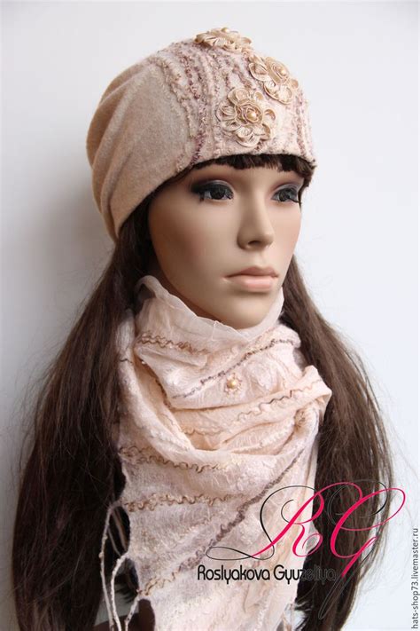 Купить Валяный комплект Ванильная нежность цветочный валяная шапка шапка женская шапка валяная