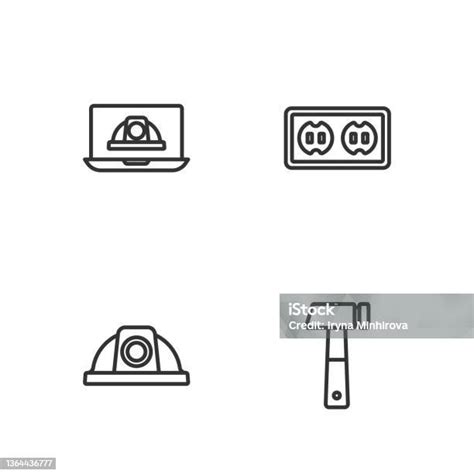 세트 라인 해머 작업자 안전 헬멧 및 전기 콘센트 아이콘 벡터 건설 산업에 대한 스톡 벡터 아트 및 기타 이미지 건설 산업 건축하기 검은색 Istock