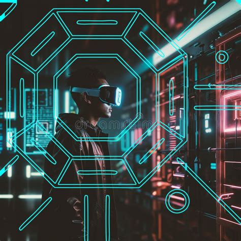 A Man Wearing A Virtual Reality Vr Headset Stands In Front Of A Neon