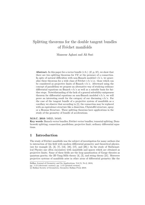 Pdf Splitting Theorems For The Double Tangent Bundles Of Fréchet Manifolds
