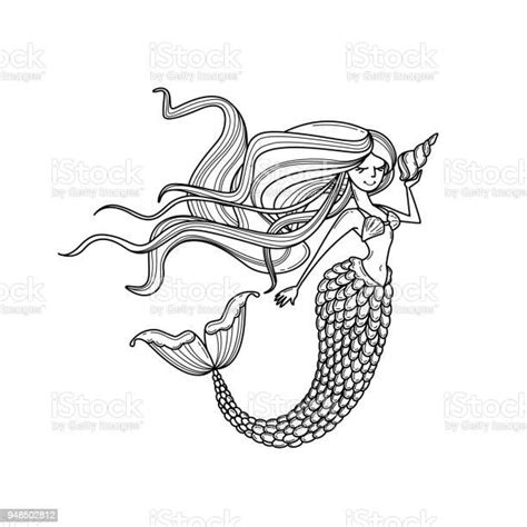 นางเงือกหรือไซเรนเงา ภาพประกอบสต็อก ดาวน์โหลดรูปภาพตอนนี้ เงือก การสัก การประดับตกแต่ง