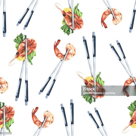 삶은 새우 젓가락으로 레몬 수채화 그림입니다 Shrimp 컬렉션의 흰색 배경에 매끄러운 패턴 장식 포장 디자인 메뉴 요리법 주방 용품 갑각류에 대한 스톡 벡터 아트 및 기타