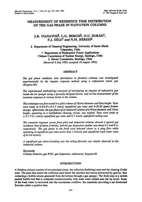 Pdf Measurement Of Residence Time Distribution Of The Gas Phase In Flotation Columns