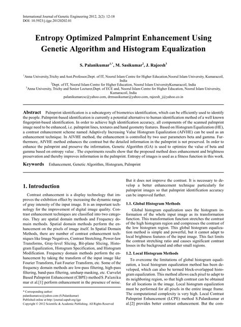 Pdf Entropy Optimized Palmprint Enhancement Using Genetic Algorithm And Histogram Equalization