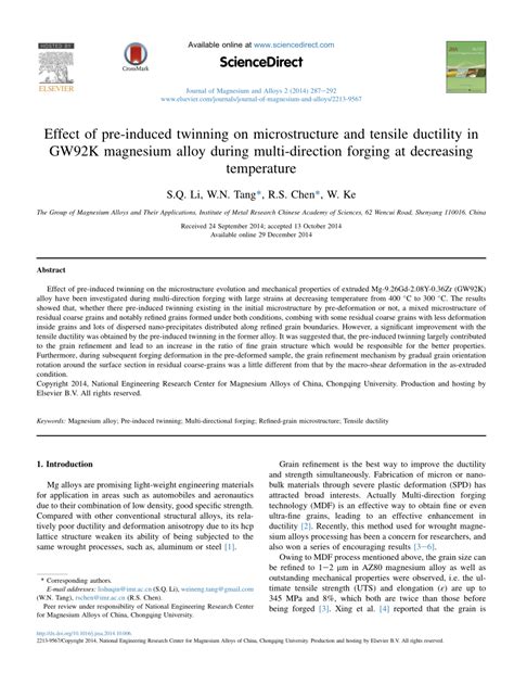 Pdf Effect Of Pre Induced Twinning On Microstructure And Tensile Ductility In Gw92k Magnesium
