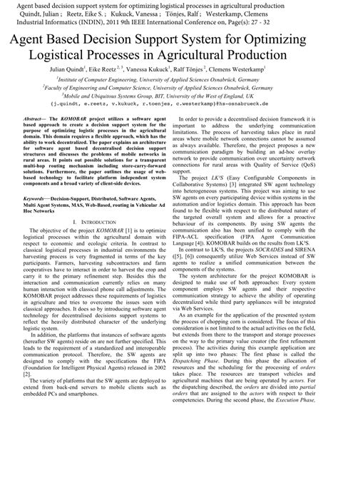 Pdf Agent Based Decision Support System For Optimizing Logistical Processes In Agricultural