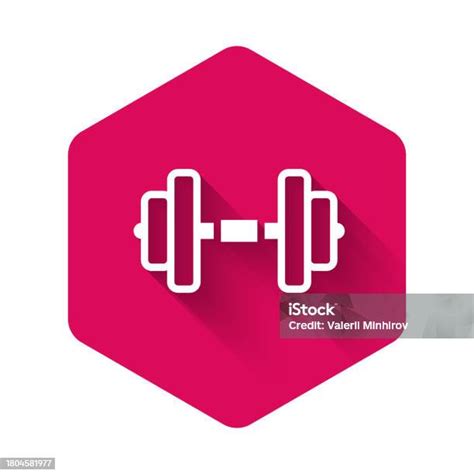 긴 그림자 배경으로 격리 된 흰색 아령 아이콘 근육 리프팅 피트니스 바벨 스포츠 장비 핑크 육각형 버튼 벡터 강철에 대한 스톡 벡터 아트 및 기타 이미지 Istock