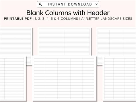 Printable Blank Columns Charts With Header One Two Three Four Five