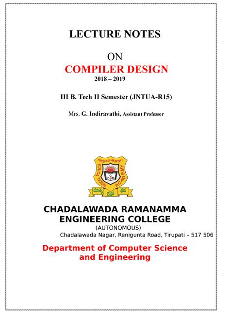 Compiler Design Notes Lecture Notes On Compiler Design 2018 2019 Iii B Tech Ii