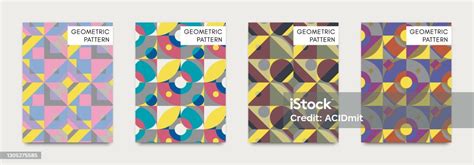 바우하우스 또는 스위스 패턴으로 설정된 벡터 포스터 복고풍 멀티 컬러 모자이크의 기본 기하학적 요소 둥근 직사각형 및 삼각형 모양의 추상 바우하우스 패턴 배경 0명에 대한