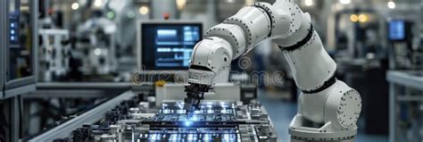 High Tech Robotic Arm In A Complex Electronic Factory Stock Illustration Illustration Of