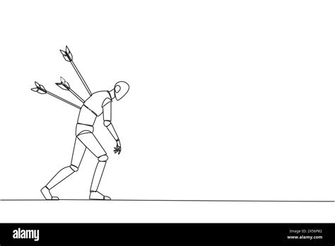 Single One Line Drawing Smart Robot Standing And Several Arrows Stuck In The Back Attacked From