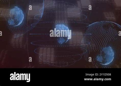 Rotating Rings And Binary Code Animation Over Digital Earth With Cityscape Background