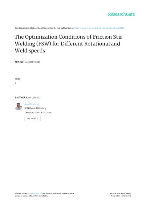 Pdf The Optimization Conditions Of Friction Stir Welding Fsw For Different Rotational And