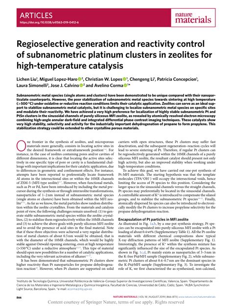 Regioselective Generation And Reactivity Control Of Subnanometric Platinum Clusters In Zeolites