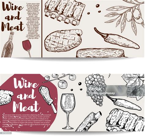 와인과 고기 배너 템플릿입니다 구이 스테이크 갈비 올리브 와인 포도 메뉴 전단지 포스터 디자인 요소입니다 벡터 일러스트 레이 션 고기에 대한 스톡 벡터 아트 및 기타 이미지