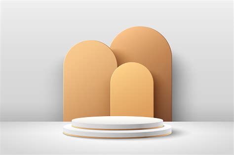 현대 웹 사이트에 제품에 대한 추상 라운드 디스플레이 포디움과 최소한의 흰색 과 금 텍스처 벽 장면 럭셔리 3d 렌더링 기하학적 모양 흰색 배경 렌더링 벡터 Eps10 1