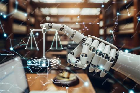 Premium Photo Robot Hand Using Legal Tools In An Office With Ai Law Icons Representing