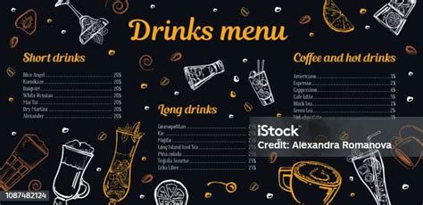 칵테일 커피와 음료와 이미지의 목록과 함께 뜨거운 음료 메뉴 디자인 서식 파일 벡터 윤곽선 스케치에 대 한 칠판 배경으로