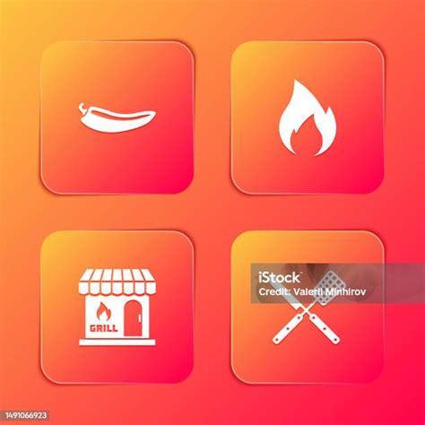 핫 칠리 페퍼 포드 불 불꽃 바베큐 쇼핑 건물 교차 나이프와 주걱 아이콘을 설정합니다 벡터 고기에 대한 스톡 벡터 아트 및 기타 이미지 Istock