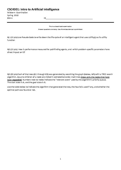Mock Midterm Spring CSC Intro To Artificial Intelligence Midterm Examination