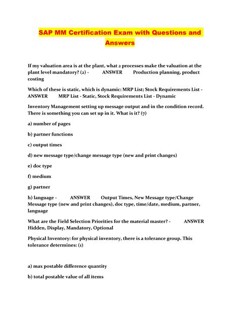 SOLUTION Sap Mm Certification Exam With Questions And Answers Studypool