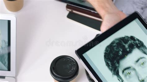 Technology Graphic Designer And Tablet For Facial Recognition Design With Ux Ui Screen While