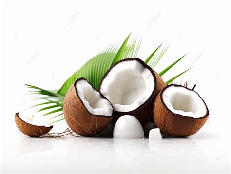 흰색 배경에 잎이 있는 코코넛 껍질에 있는 코코넛의 3d 렌더링 3d 아트 코코넛 Png 일러스트 및 이미지 에 대한 무료 다운로드 Pngtree