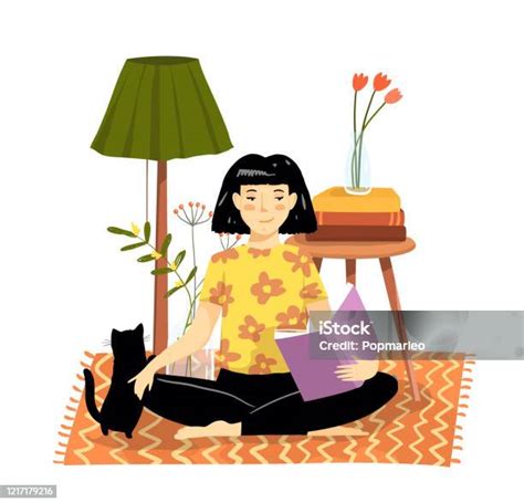 현대 평면 아파트 디자인 소녀 독서 책 고양이 집에서 집 편평한 손으로 그린 벡터 일러스트 읽기에 대한 스톡 벡터 아트 및 기타 이미지 Istock