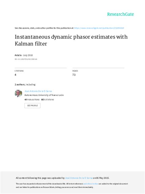 Pdf Instantaneous Dynamic Phasor Estimates With Kalman Filter