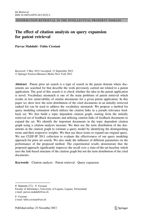 Pdf The Effect Of Citation Analysis On Query Expansion For Patent Retrieval