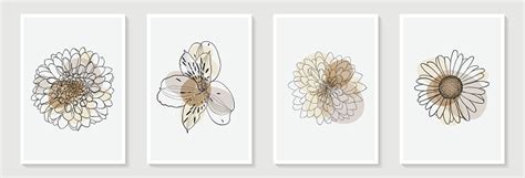 창조적 인 미니멀 한 손 그리기 일러스트레이션 꽃 윤곽 파스텔 비어지 간단한 모양과 벽 장식 엽서 또는 브로셔 커버 디자인을위한 브러시 스트로크 갈색에 대한 스톡 벡터 아트