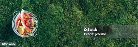 지속 가능하고 폐기물이 없는 생활 퇴비 냄비를 재활용하는 야채 폐기물 맨 위 보기입니다 공간을 복사합니다 녹색 잔디 이끼 배경에 흰색 퇴비 빈에 야채를 껍질을 벗긴 재활용