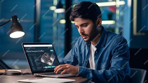 male programmer working on desktop computer at desk in office premium