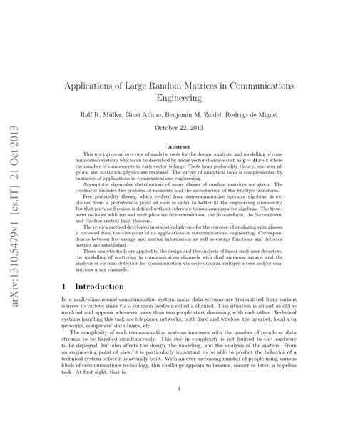 Pdf Applications Of Large Random Matrices In Communications Engineering