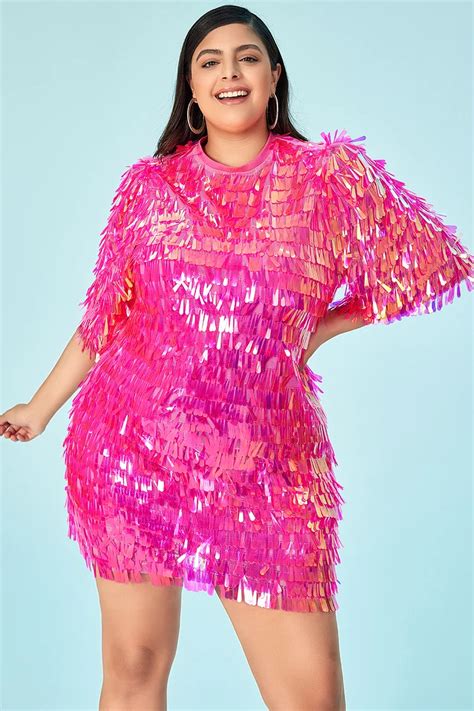 Xpluswear Design Plus Size Homecoming Dress Hot Pink Round Neck Sequin